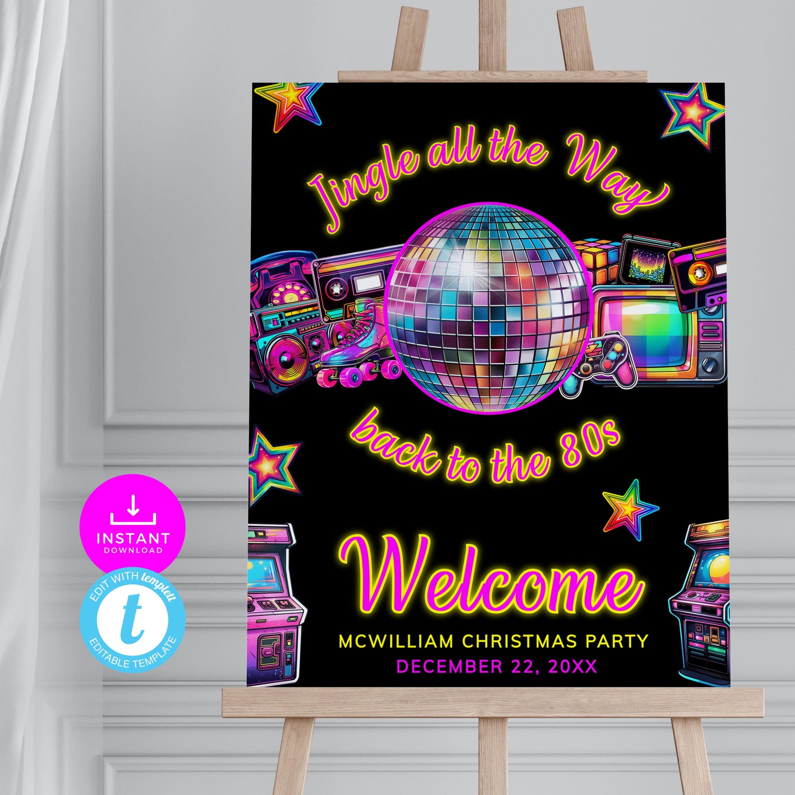 80s Christmas Party Welcome Sign, Neon Eighties Holiday Easel Poster ...