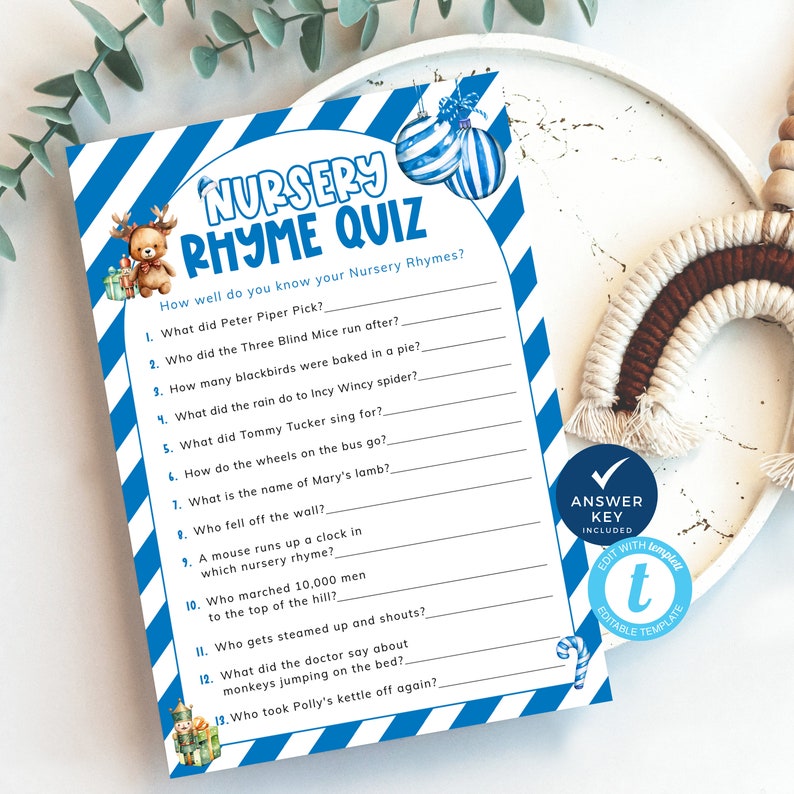 Merry Little Nursery Rhyme Quiz, Blue Christmas Ornament Baby Shower ...