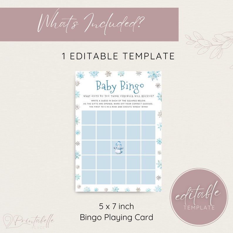 Winter Baby Shower Bingo Card in Dusty Blue With Snowflakes & Adorable ...