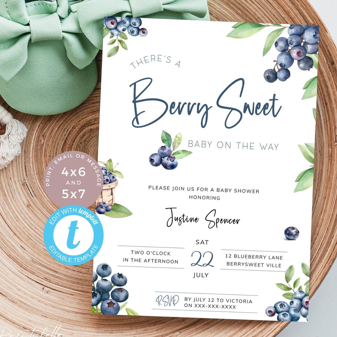 Blueberry Baby Shower Invitation, Berry Sweet Baby on the Way Invite ...