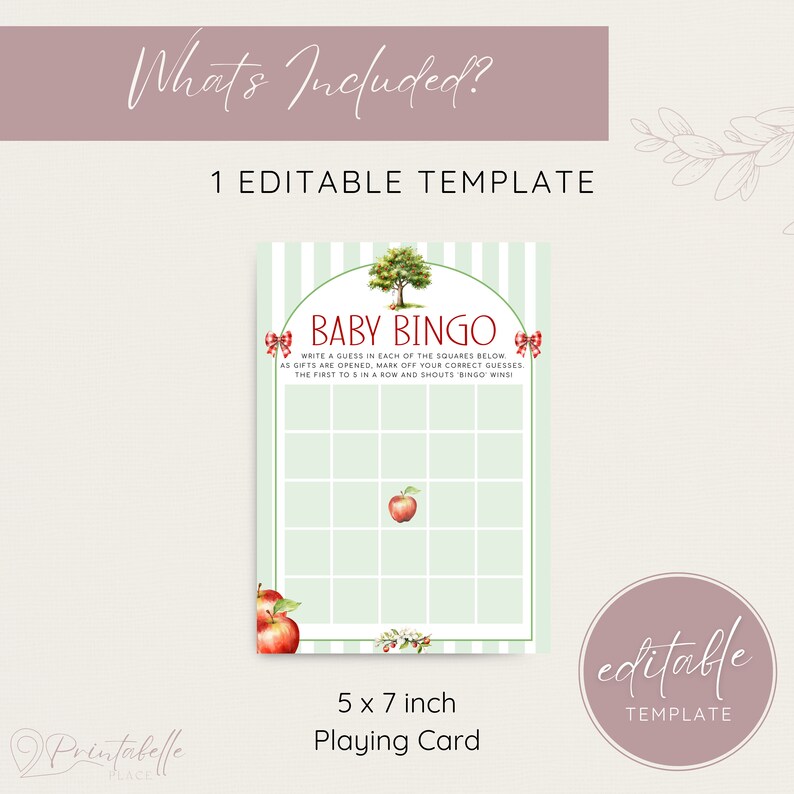 Apple Baby Shower Bingo Card Template, A Little Apple is About to Fall ...