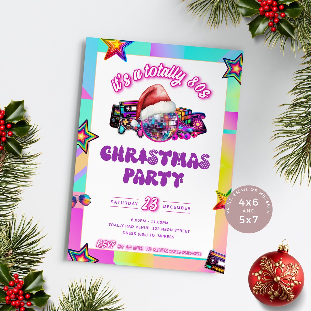 80s Christmas Party Invitation, Retro Eighties Nostalgia Invite, Neon ...