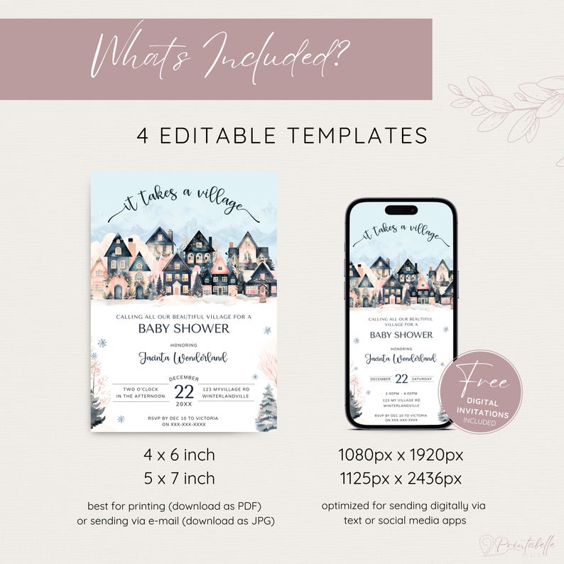 It Takes A Village Baby Shower Invitation Winter, Scandi Houses Invite ...