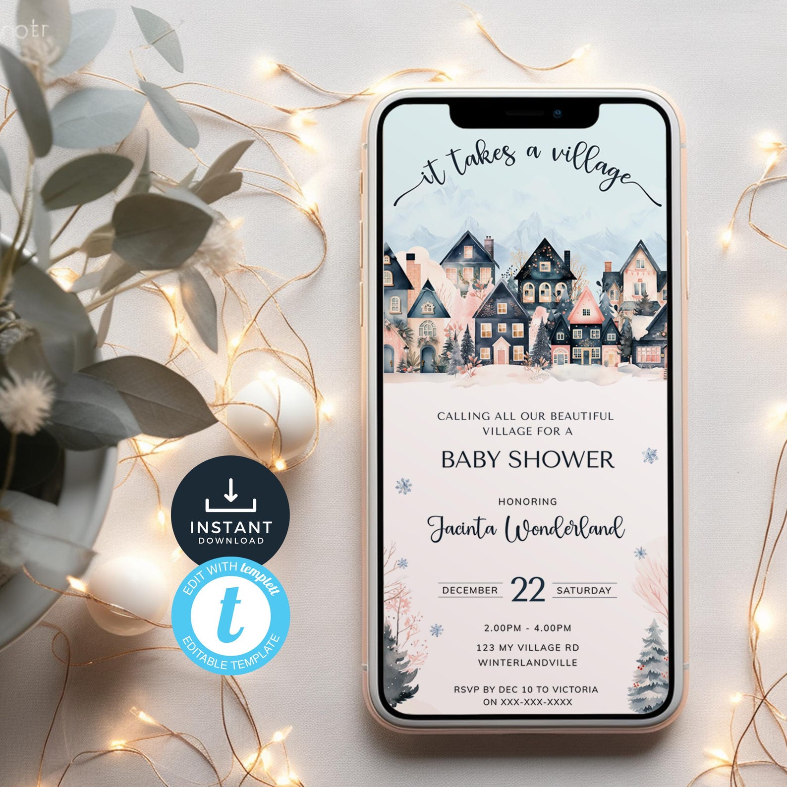 It Takes A Village Baby Shower Evite, Winter Theme Electronic Invite ...