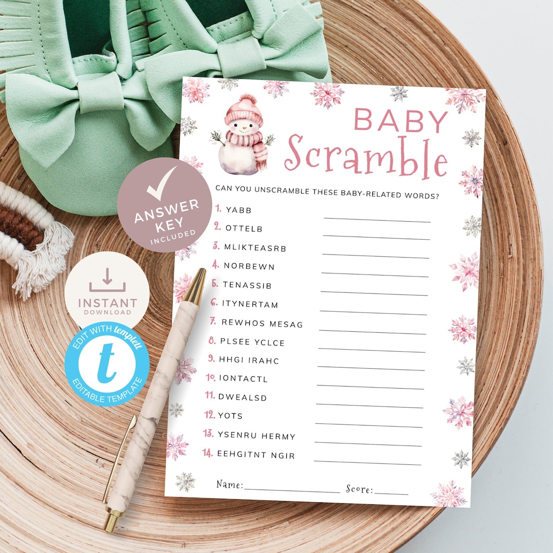 Word Scramble Baby Shower Game Answer Key Included in Pink Winter Theme ...