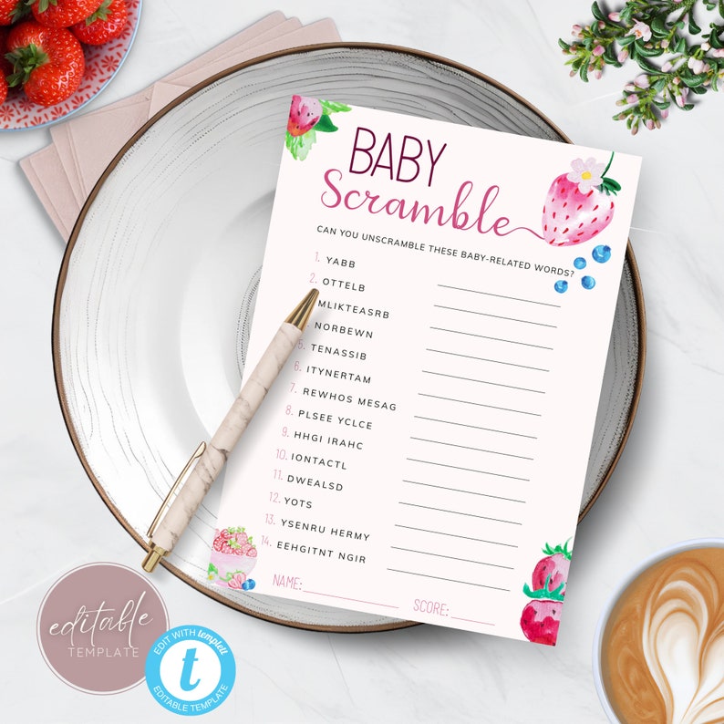 Strawberry Baby Scramble Game Template, Berry Sweet Baby Shower Word ...