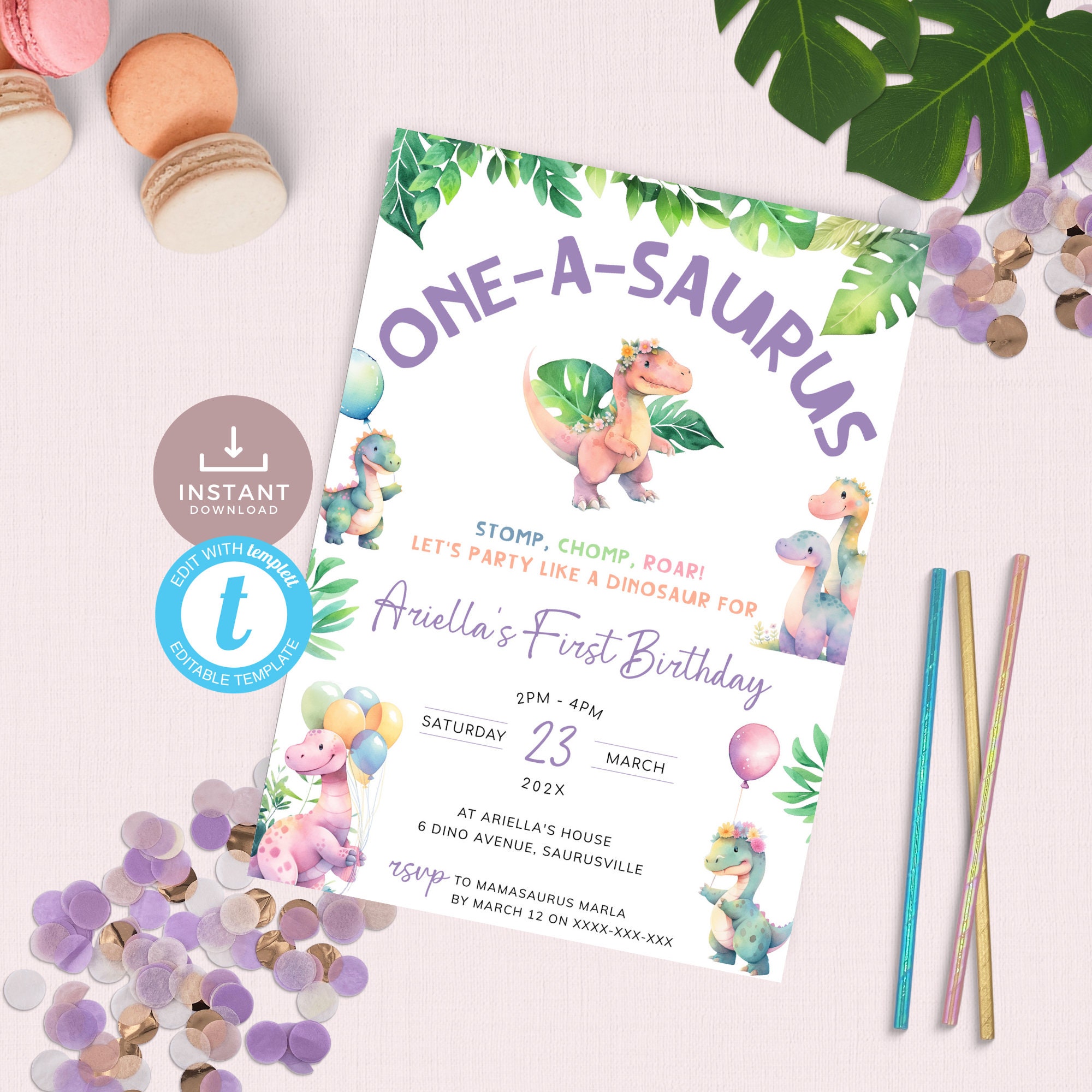 One A Saurus Birthday Invitation Template With Pastel Dinosaurs ...