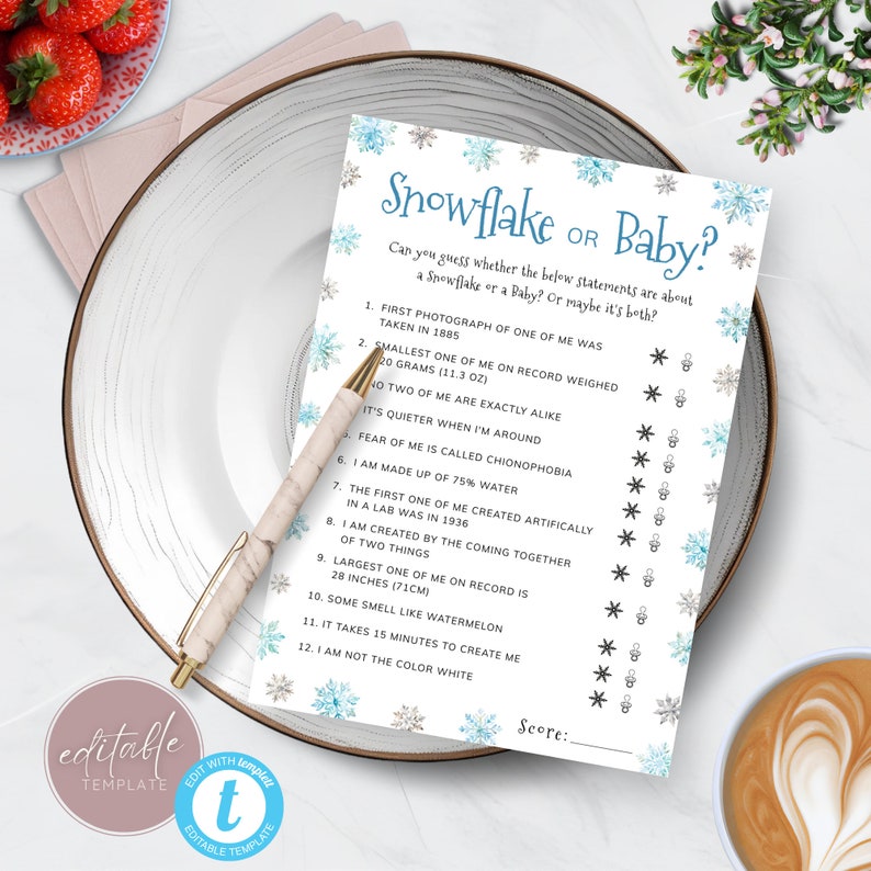Snowflake or Baby Shower Game, Dusty Blue and Silver Trivia, Winter ...