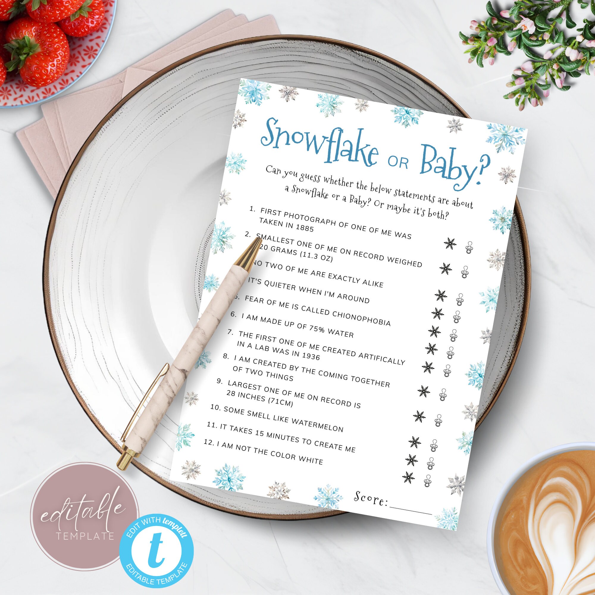 Snowflake or Baby Shower Game, Dusty Blue and Silver Trivia, Winter ...
