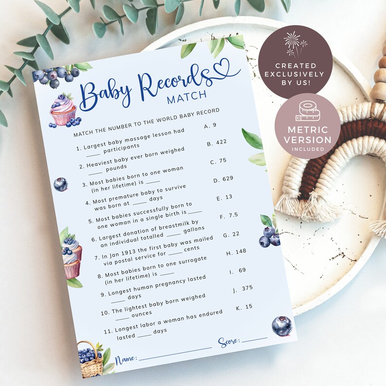 Blueberry Baby Shower Game, World Records Match, Berry Sweet Baby ...