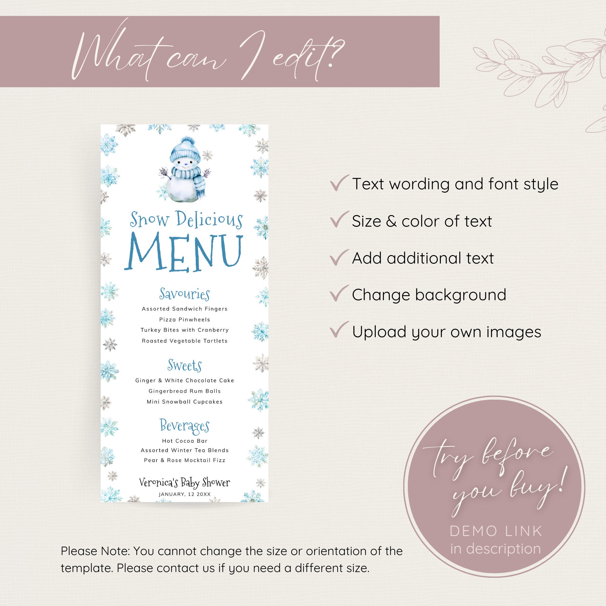 Winter Themed Menu Template, Dusty Blue Snowman Food List, Blue ...