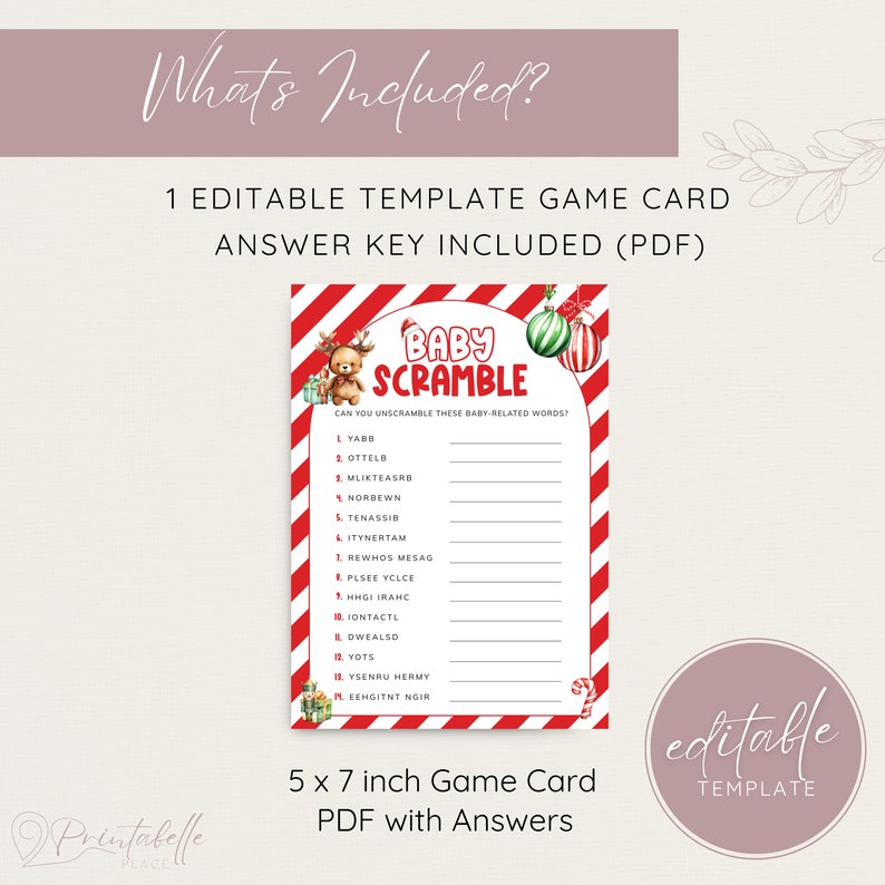 Merry Little Baby Shower Word Scramble With Answer Key, Christmas Theme ...