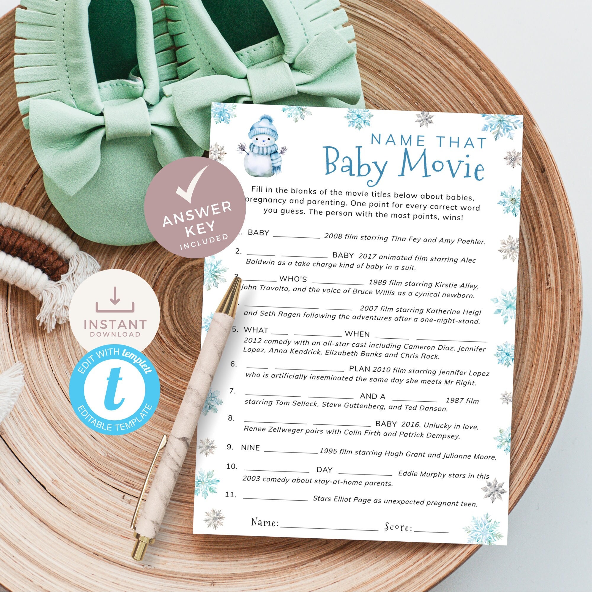 Guess the Baby Movie Baby Shower Game in Dusty Blue Winter We're Snow ...