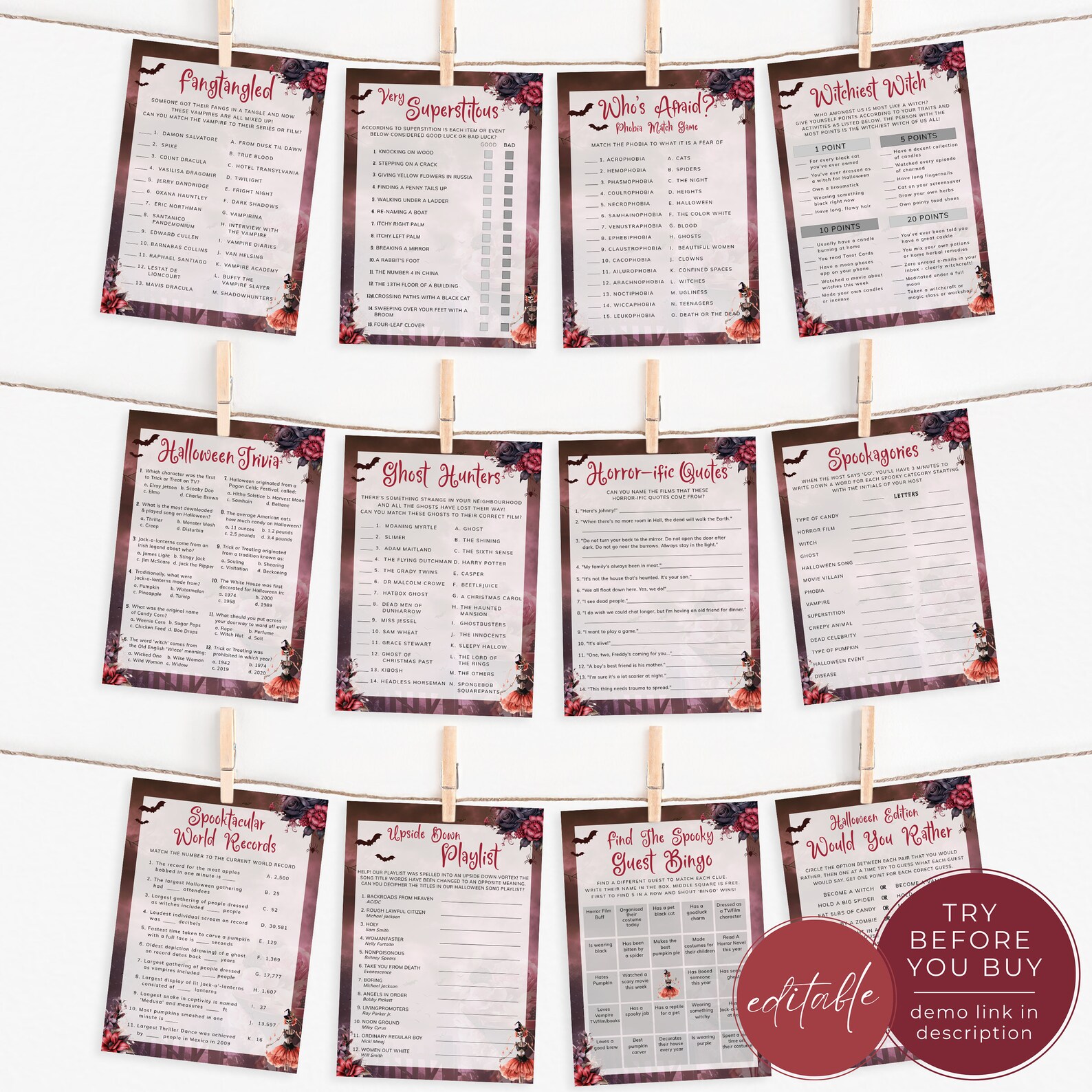 Witchy Halloween Games Bundle, Drink up Witches Activity Pack, Gothic ...