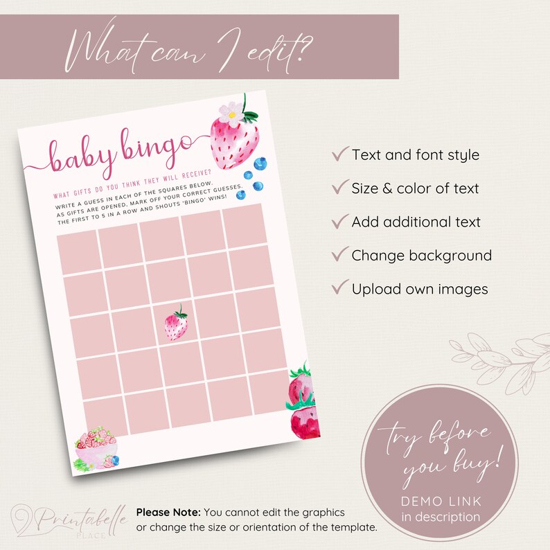 Strawberry Baby Shower Bingo Game Template, Berry Sweet Baby Shower ...
