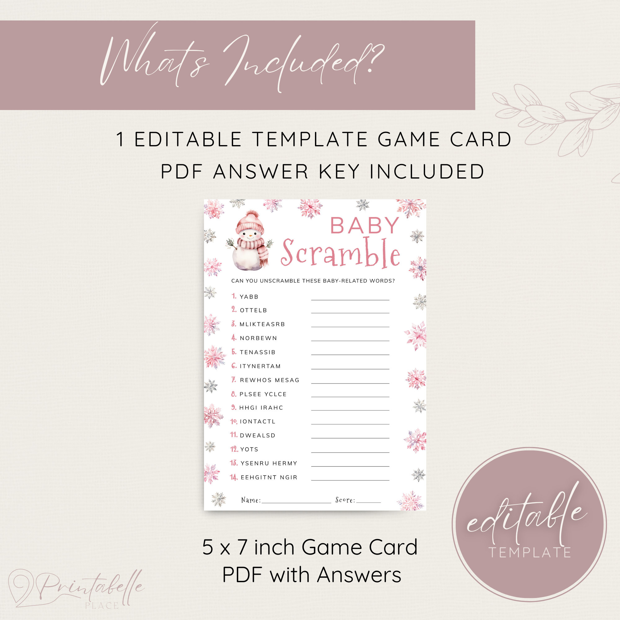 Word Scramble Baby Shower Game Answer Key Included in Pink Winter Theme ...