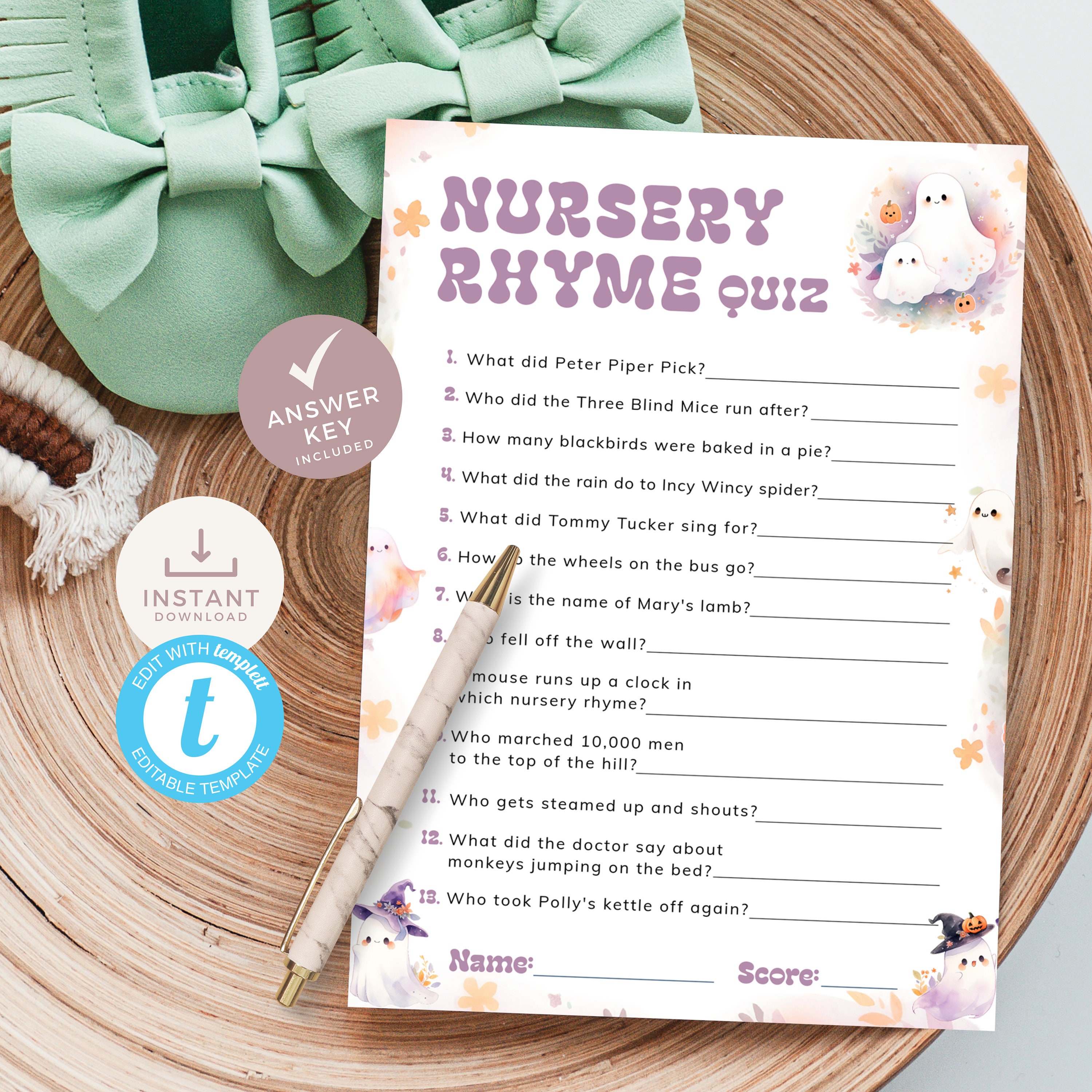 Nursery Rhyme Quiz With Answers: Little Boo Baby Shower Game (editable ...