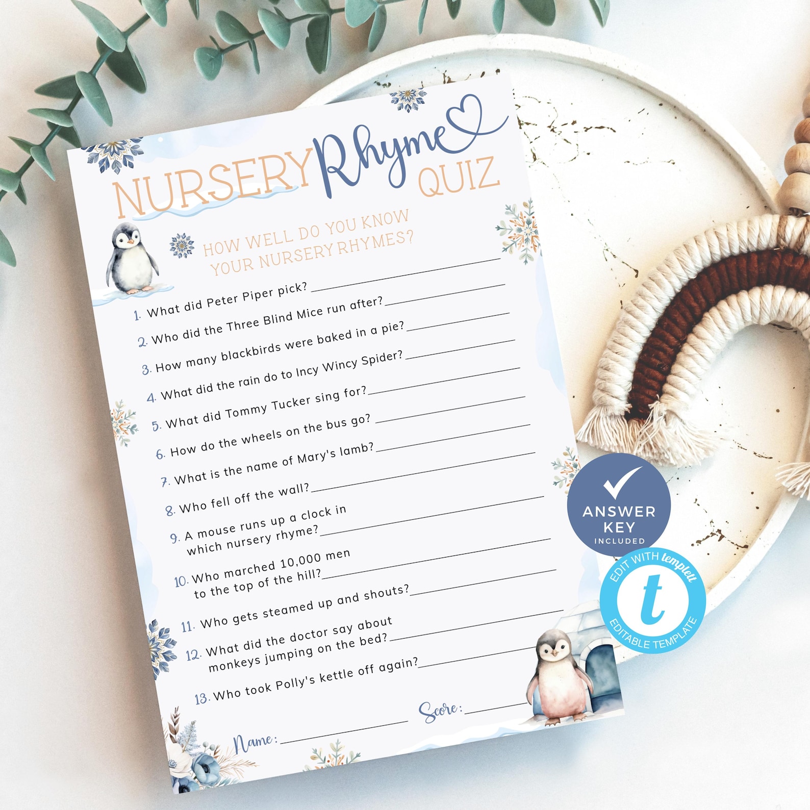 Winter Nursery Rhyme Quiz, Snow in Love Baby Shower Games, Guess the ...