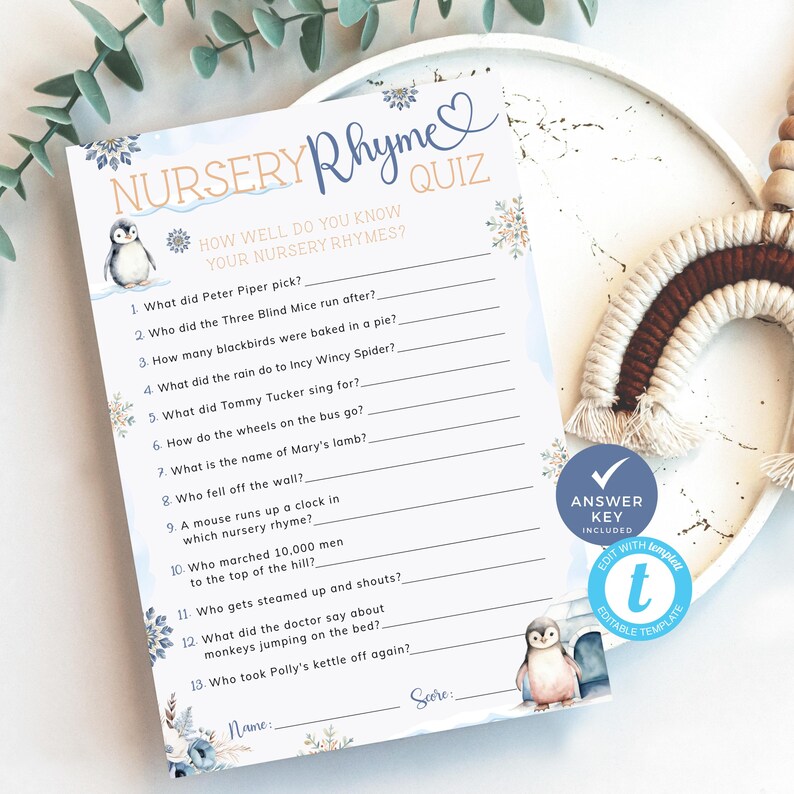 Winter Nursery Rhyme Quiz, Snow in Love Baby Shower Games, Guess the ...