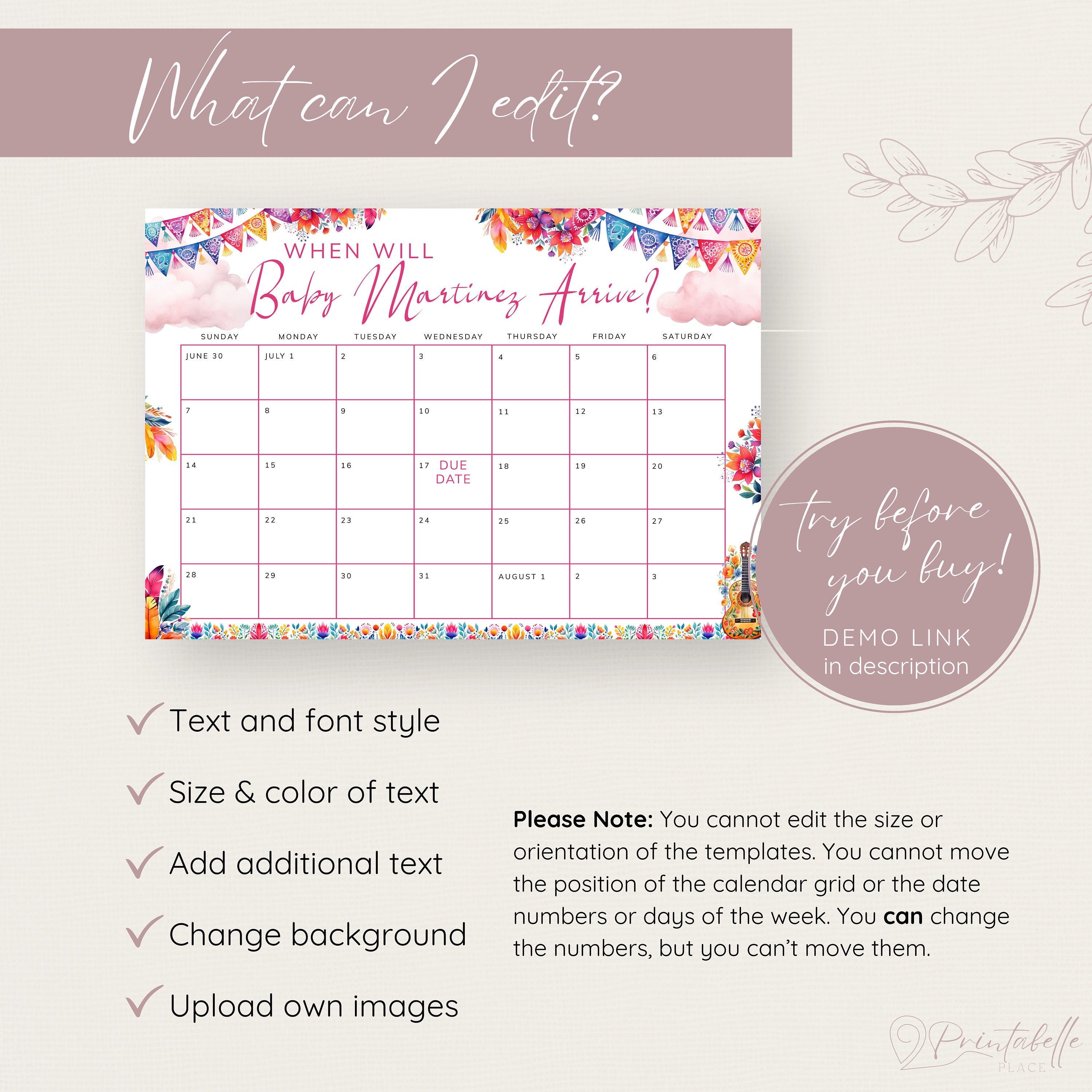 Cielito Lindo Guess the Arrival Date Calendar, Fiesta Theme Baby Shower ...