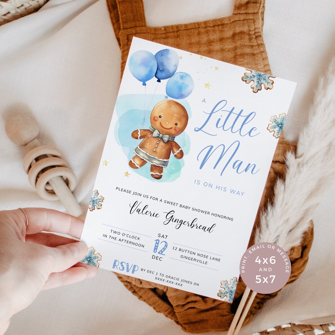 Gingerbread Man Baby Shower Invitation in Blue for a Little - Etsy