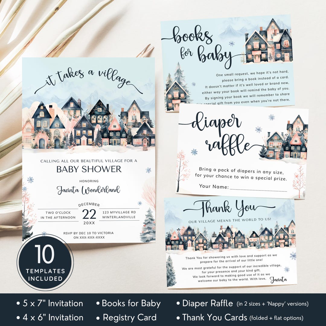 It Takes A Village Baby Shower Invitation Bundle, Winter Scandi Houses ...