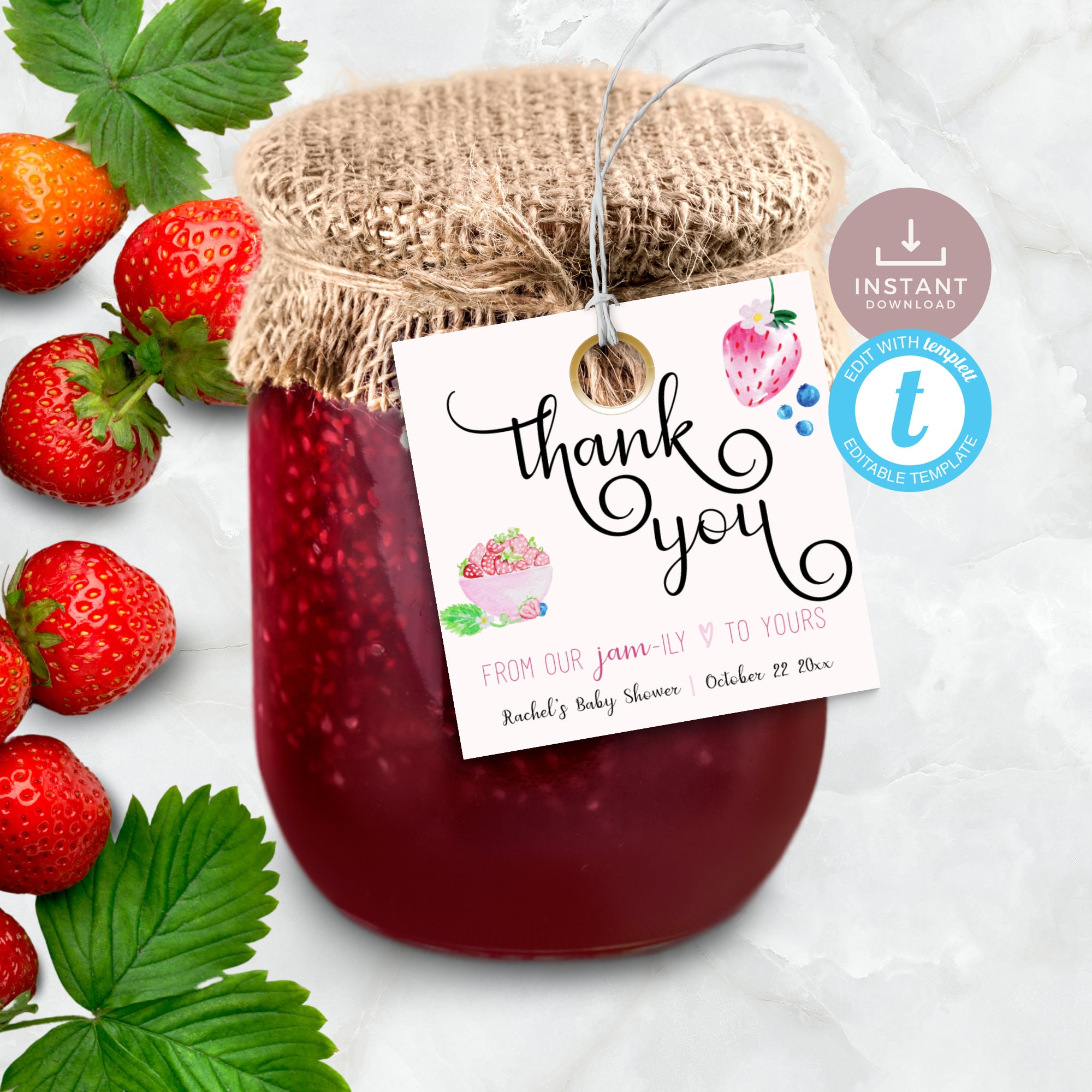 Strawberry Jam Favor Tag: Berry Sweet Thank You Label (editable ...