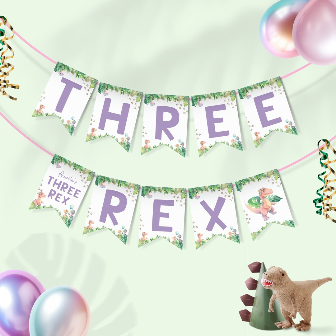 Three Rex Girl Decorations Dinosaur Birthday Banner With Pastel T-rex ...