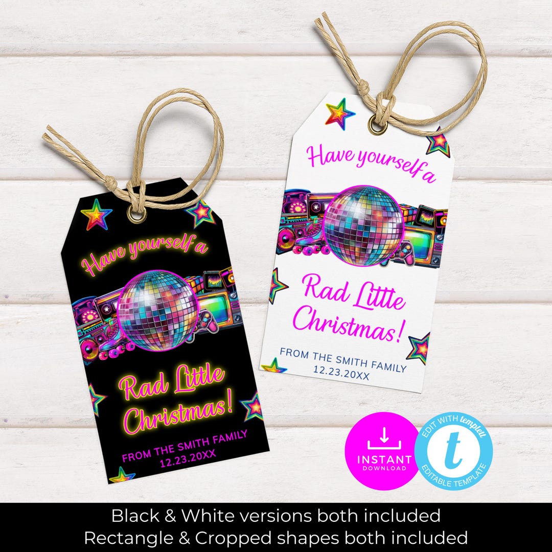 80s Christmas Party Favor Tags, Neon Eighties Holiday Gift Tag, Disco ...