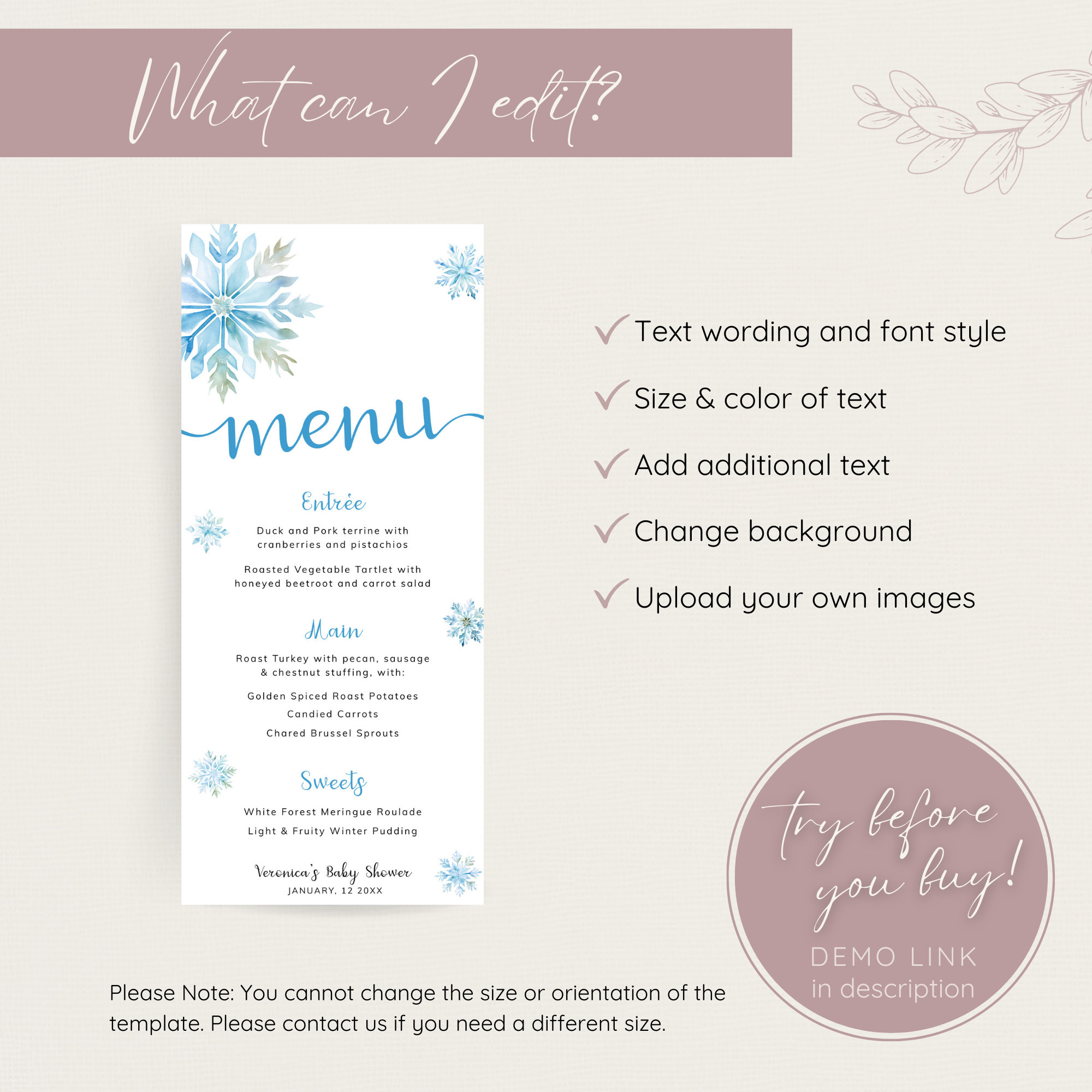 Snowflake Menu Card Template in Dusty Blue for Your Winter Wonderland ...