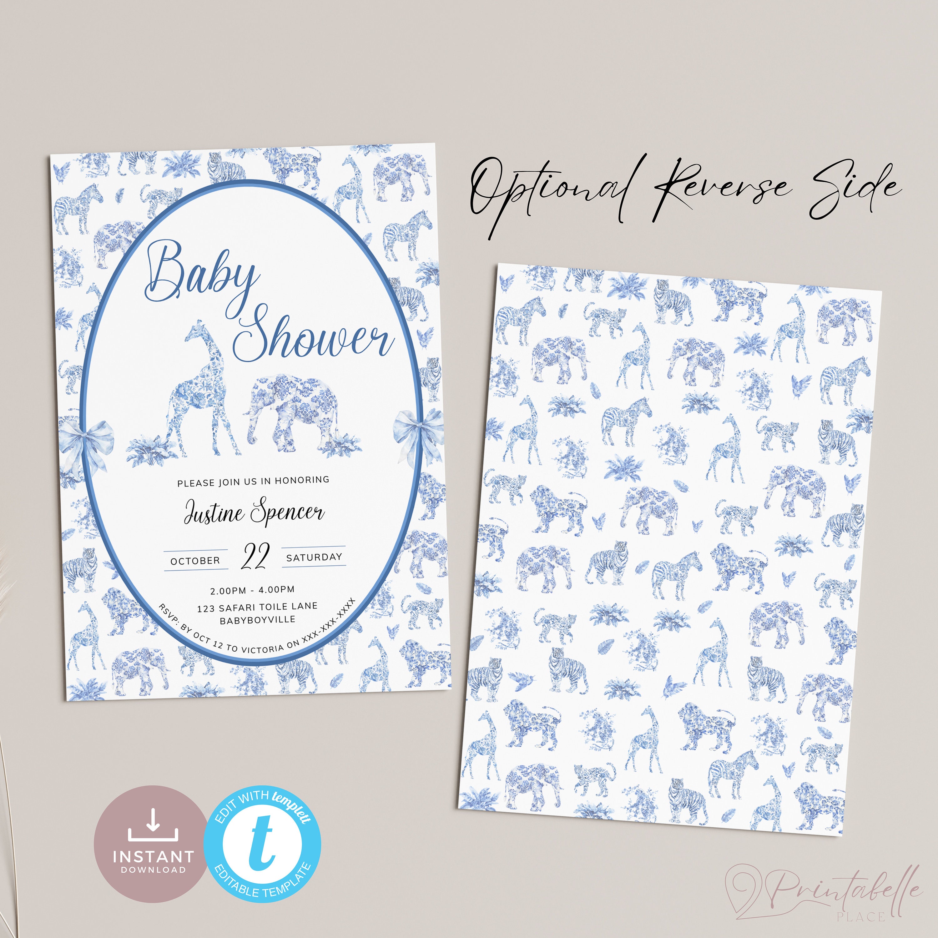 Toile De Jouy Baby Shower Invitation, Blue Toile Safari Boy Invite ...