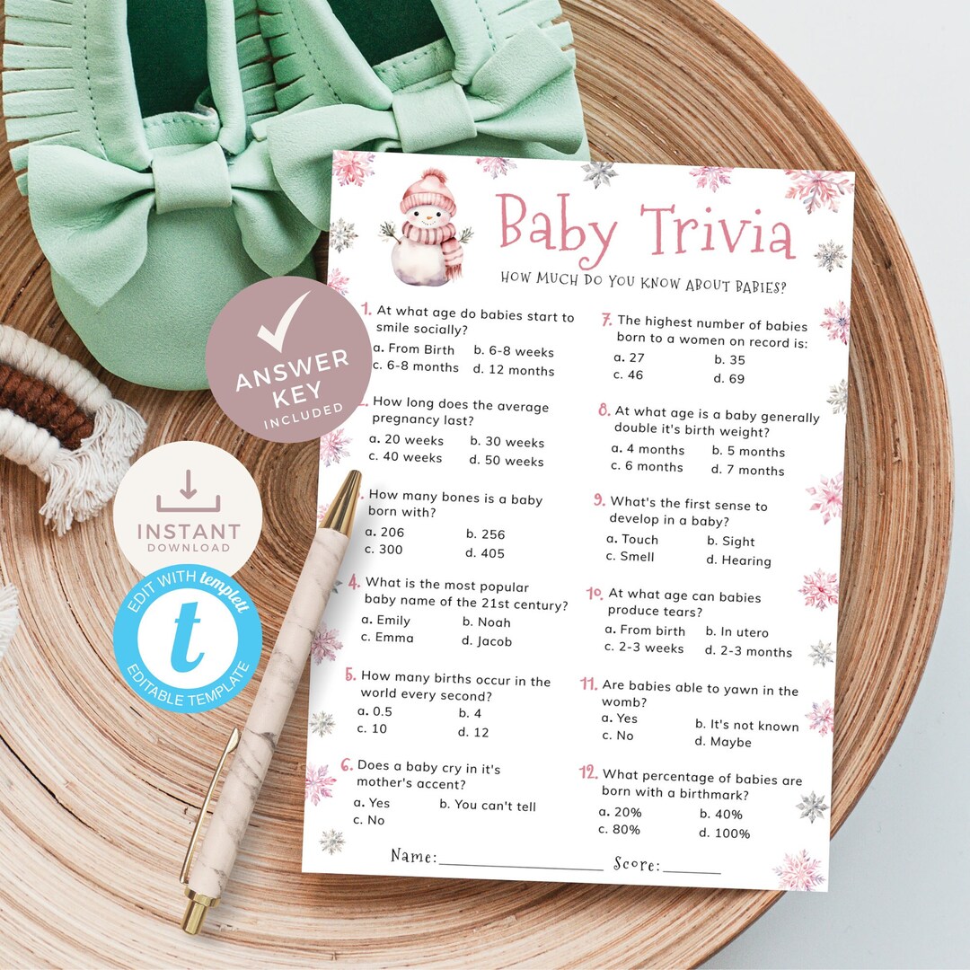 Baby Trivia Game Card Template, Answer Key, Girl We're Snow Excited ...