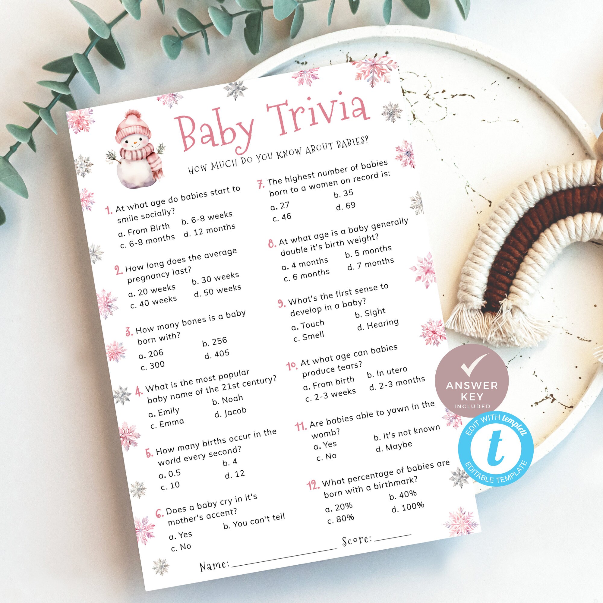 Baby Trivia Game Card Template, Answer Key, Girl We're Snow Excited ...