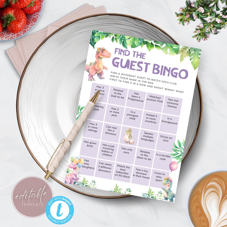 Dinosaur Baby Shower Bingo Game, Find the Guest Human Bingo, Dino Theme ...