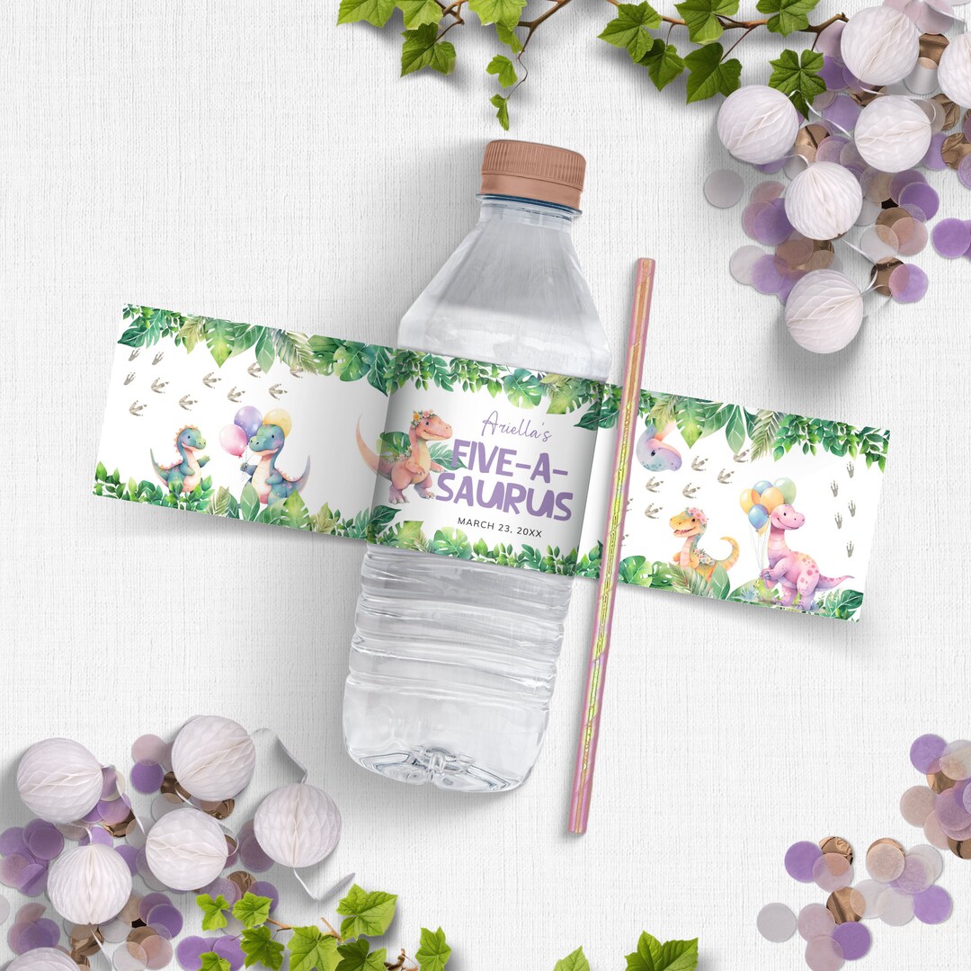 Five-a-saurus Dinosaur Water Bottle Wrap Template With Girl Pastel T ...