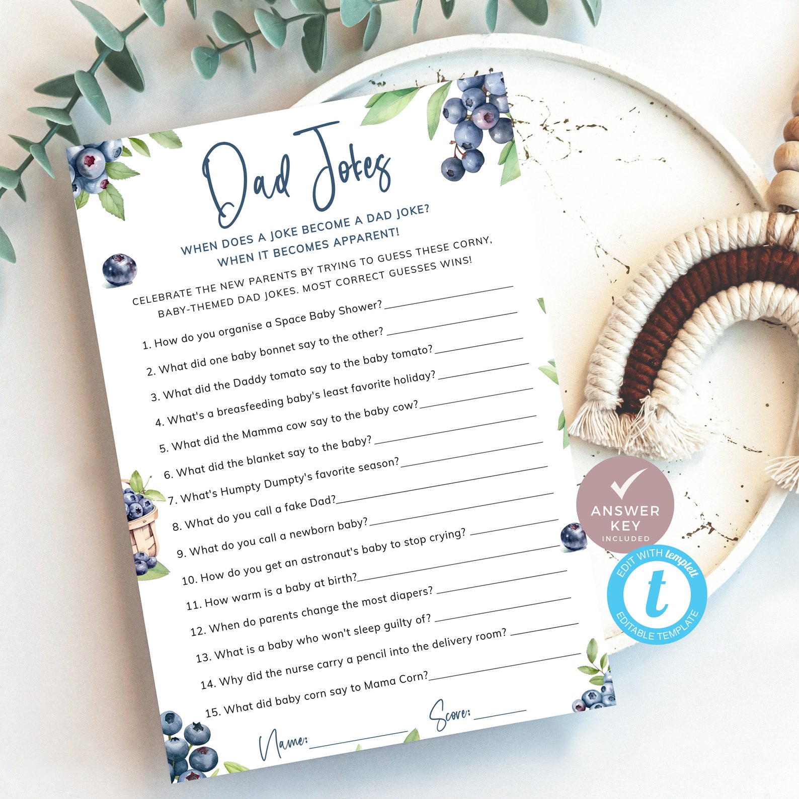 Blueberry Dad Jokes Trivia Game Template, Berry Sweet Baby Shower ...