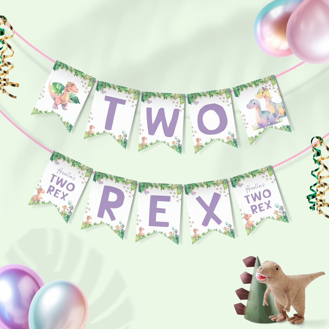 Two Rex Birthday Decorations Girl, Dinosaur Bunting Template, Pastel T ...