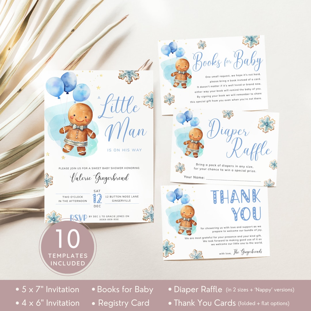 Gingerbread Man Baby Shower Invitation Bundle in Blue for a - Etsy