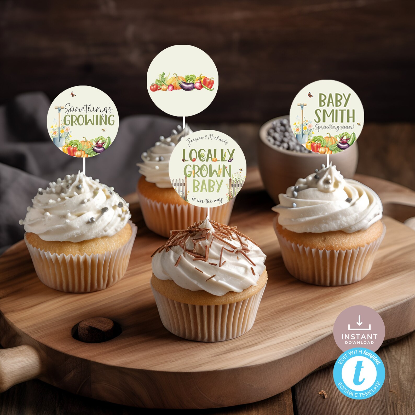 Farmers Market Cupcake Topper, Locally Grown Baby Shower Decor in Sage ...