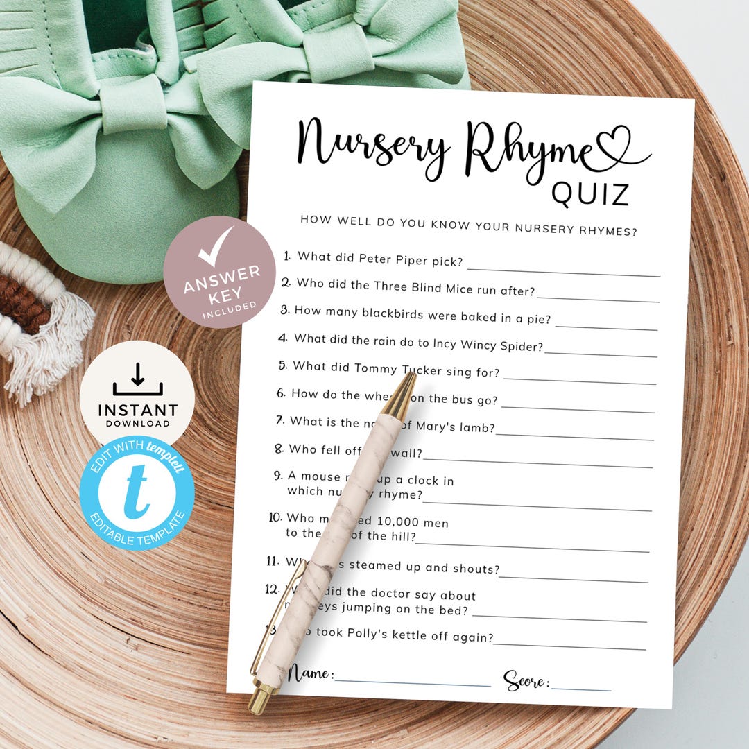 Nursery Rhyme Quiz Baby Shower Game, Children's Book Trivia, Minimal ...