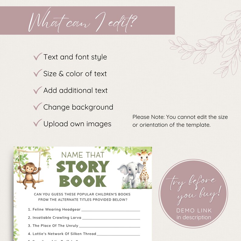 Name That Storybook Baby Shower Game, Alternate Titles Game, Safari ...