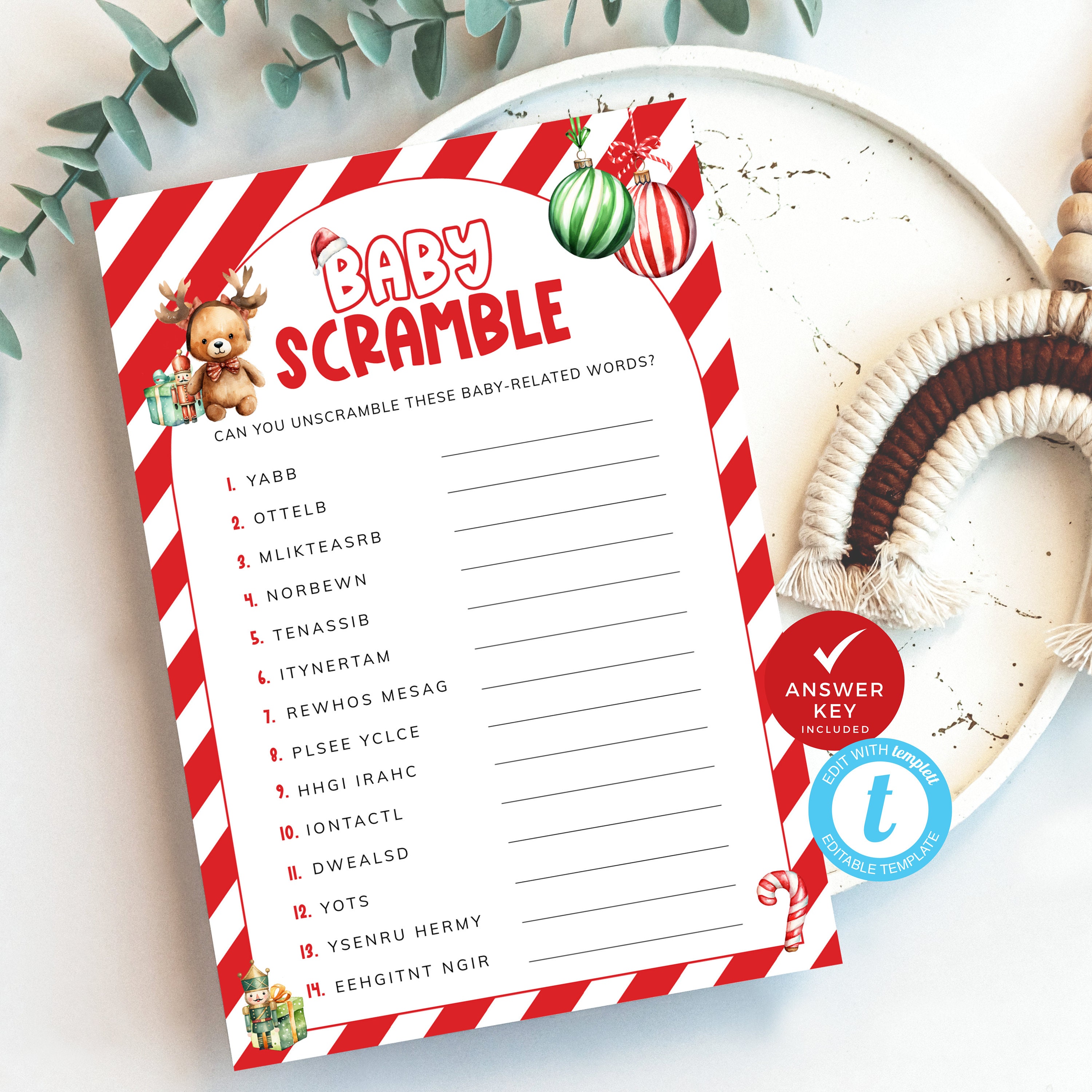 Merry Little Baby Shower Word Scramble With Answer Key, Christmas Theme ...