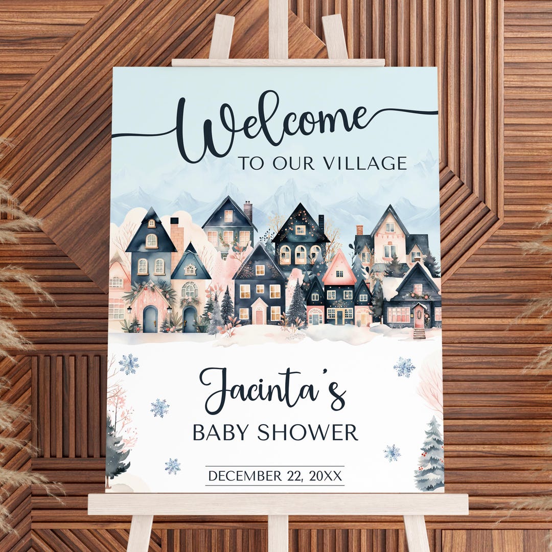 It Takes A Village Baby Shower Welcome Sign, Winter Theme Poster Easel ...
