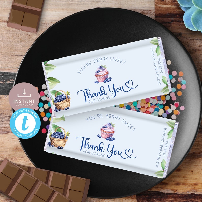 Blueberry Candy Bar Wrapper Template, Berry Sweet Favor Chocolate Cover Label, Bright Blue ...