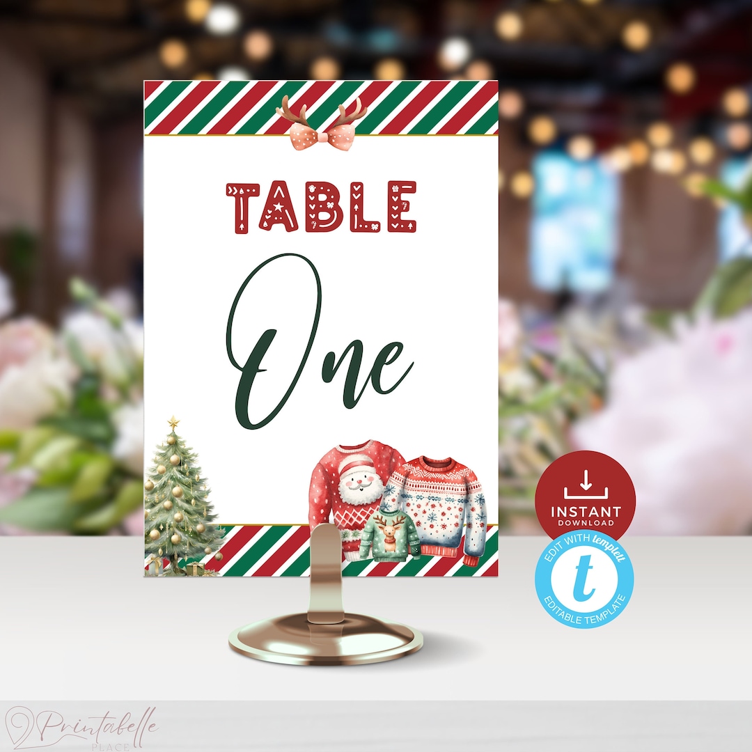 Christmas Table Numbers Template, Ugly Sweater Table Name Cards, Rustic ...