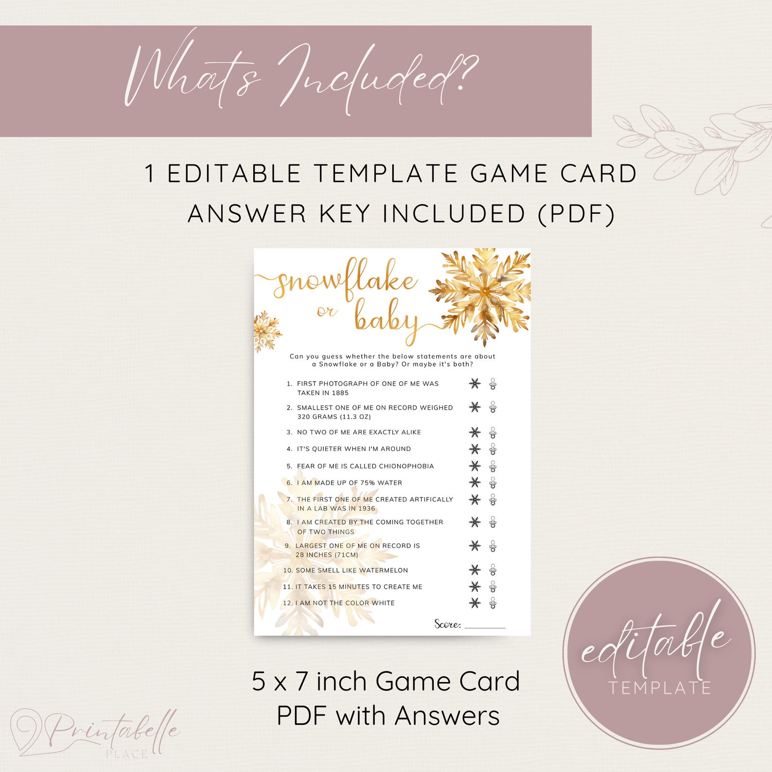 Snowflake or Baby Shower Game, Gold Snowflake Quiz, Winter Themed ...