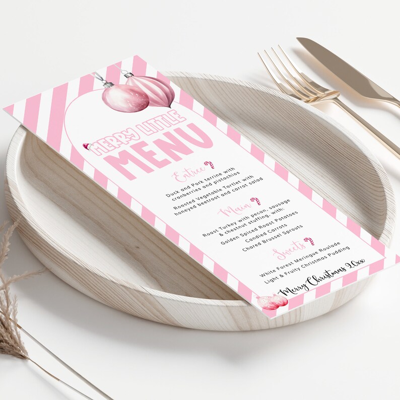 Pink Christmas Menu Template, Holiday Ornament Food List, Candy Cane ...