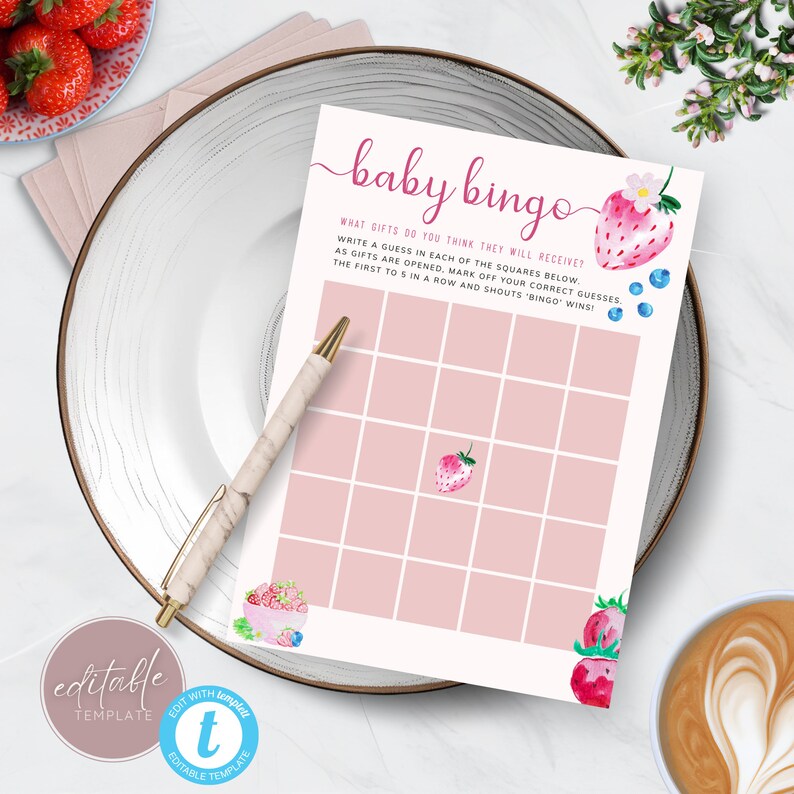 Strawberry Baby Shower Bingo Game Template, Berry Sweet Baby Shower ...