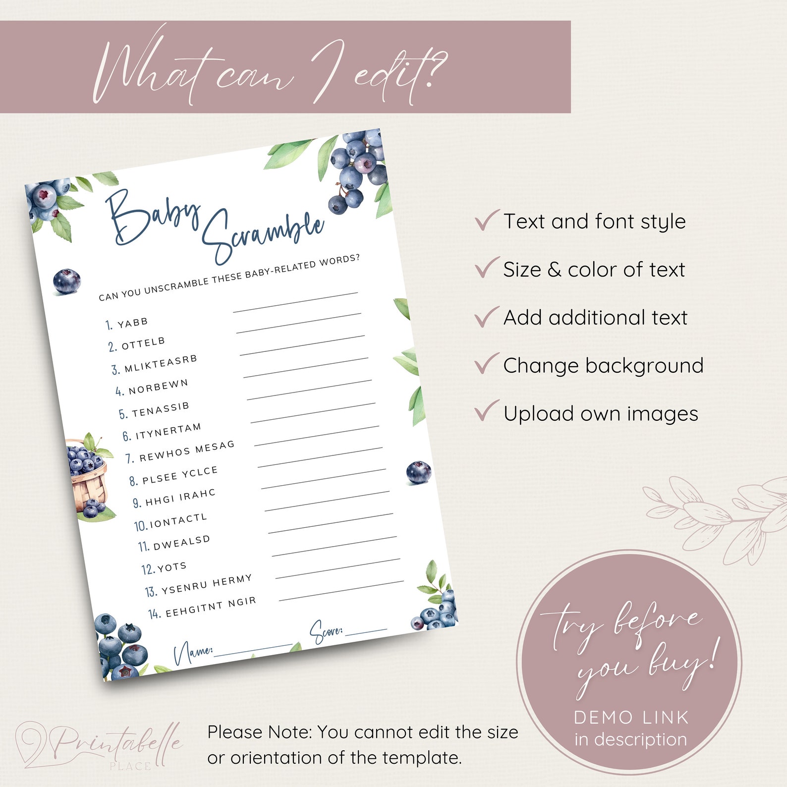 Blueberry Baby Scramble Card Template, Berry Sweet Baby Shower Game ...