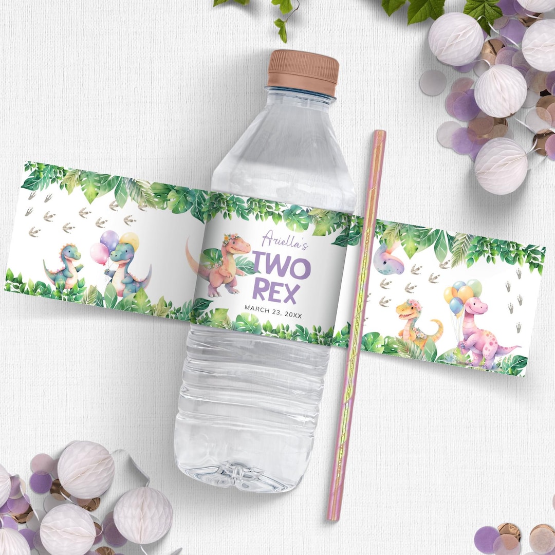 Two Rex Water Bottle Wrap Template, Pastel Dinosaur Label, Second ...